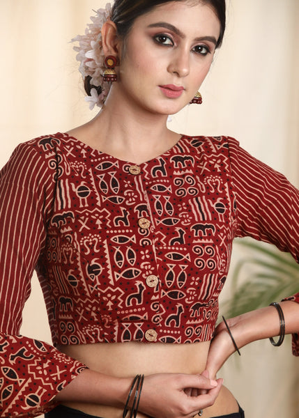 Trendy Cotton Ajrakh Combination Blouse with Peplum Sleeves – Sujatra