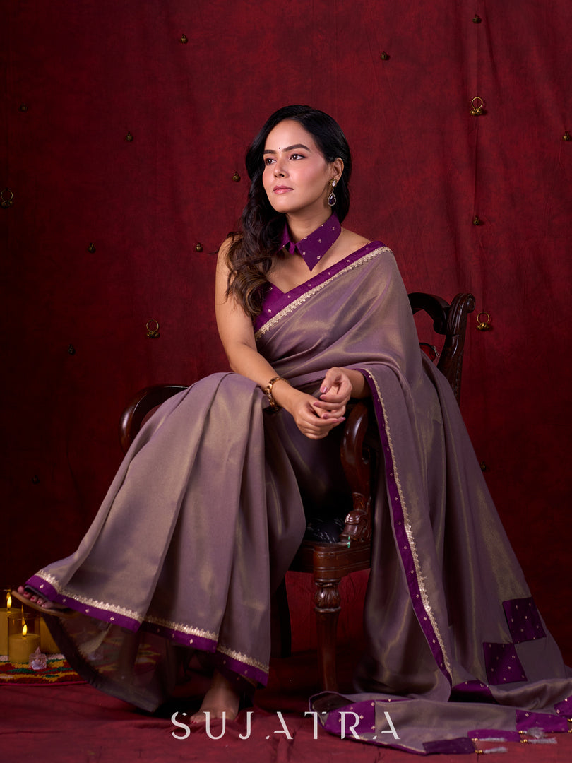 Lustrous Grey Silk Blend Saree with Chanderi Purple Border & Bold Stat ...