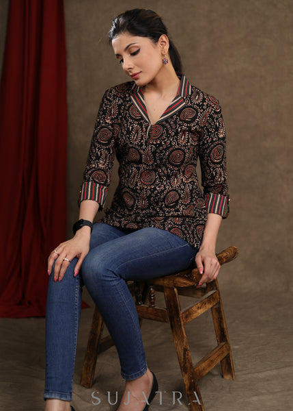 Black Cotton Ajrakh Combination Top – Sujatra