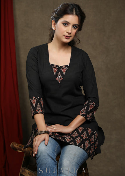 Classy black cotton tunic with beautiful ajrakh combination highlighte ...