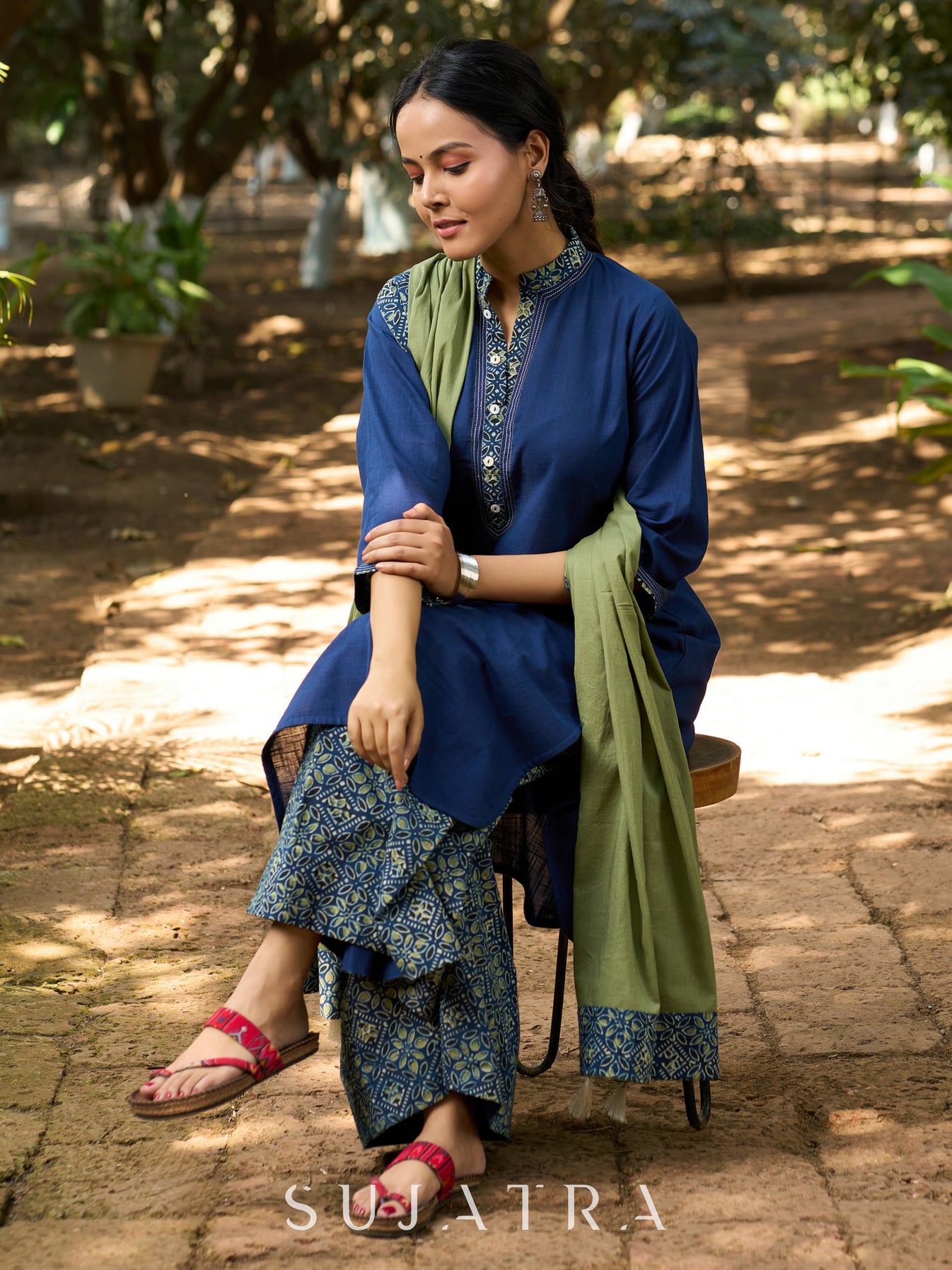 Ethereal Indigo Kurta with Intricate Ajrakh and Delicate Kantha Stitch ...