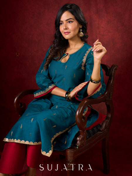 Radiant Teal Silk Kurta with Golden Self-Butta Design – Sujatra