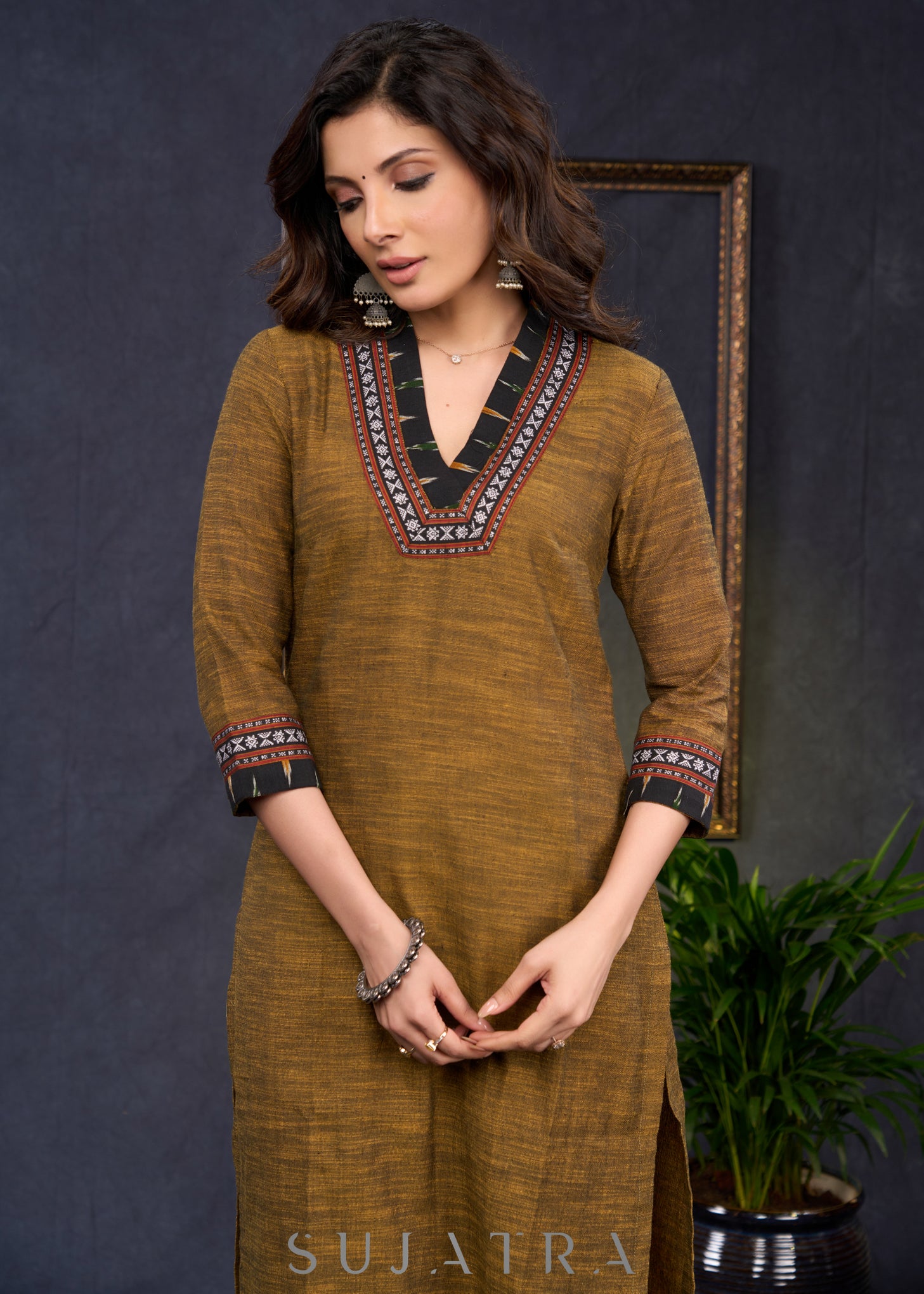 Exclusive-Dark-Mustard-Cotton-Straight-Cut-Kurta-Highlighted-With-Beau ...