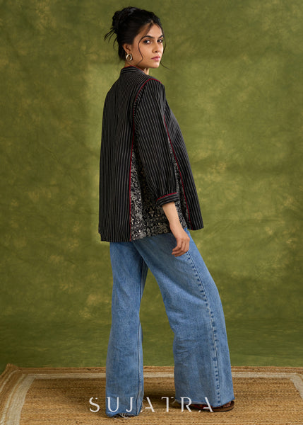 Black Striped & Print Combination Cotton Top – Sujatra