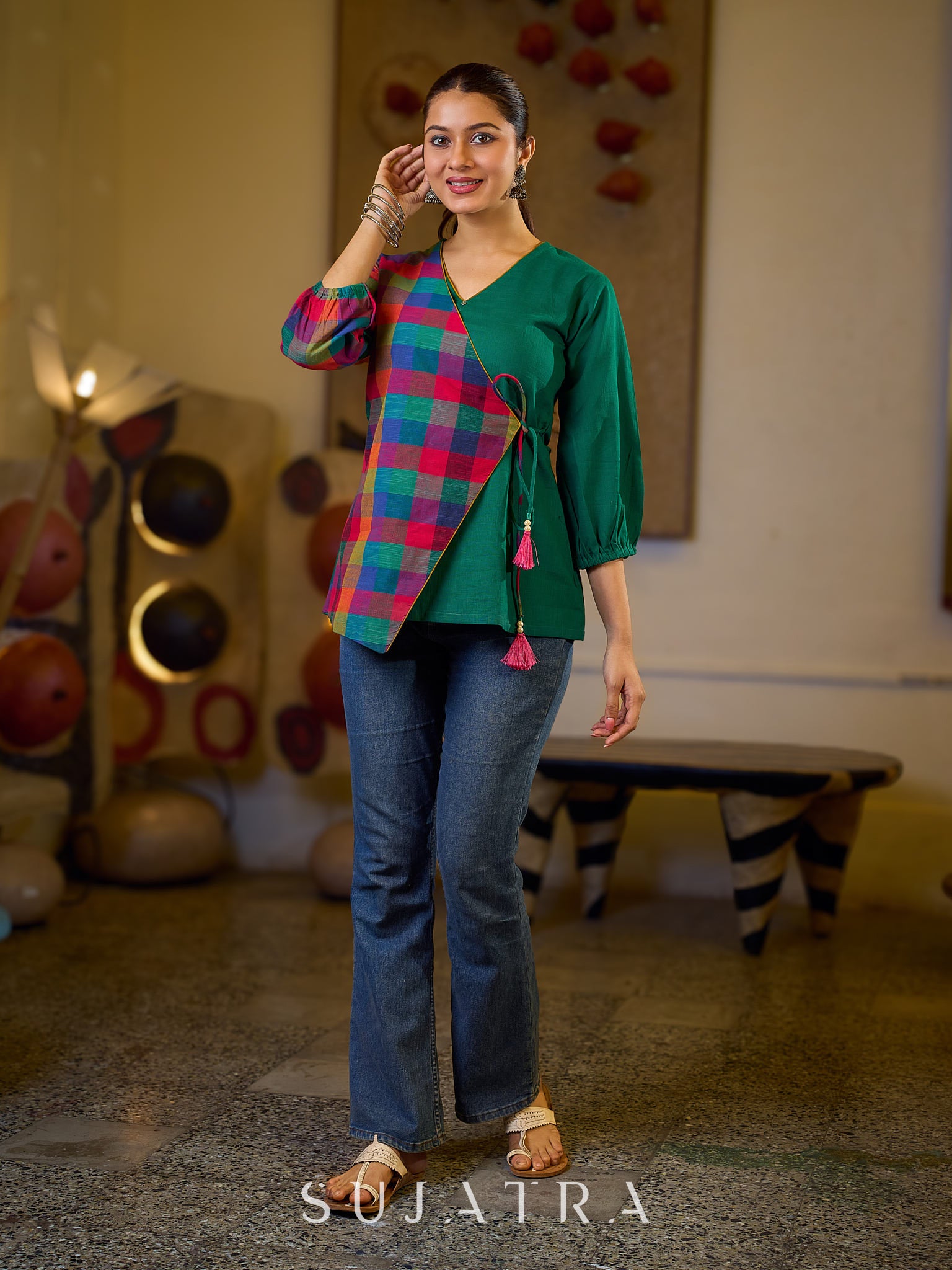 Vibrant Checkered Handloom Cotton Wrap Style Top with Plain Green Comb ...