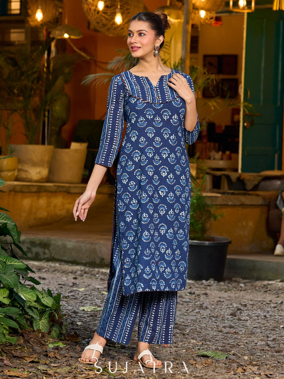 Timeless indigo kurta with an indigo border yoke and delicate stripe p ...
