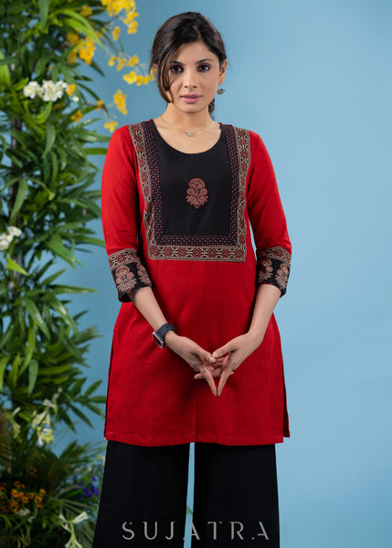 Classic red cotton tunic with ajrakh combination yoke highlighted with ...
