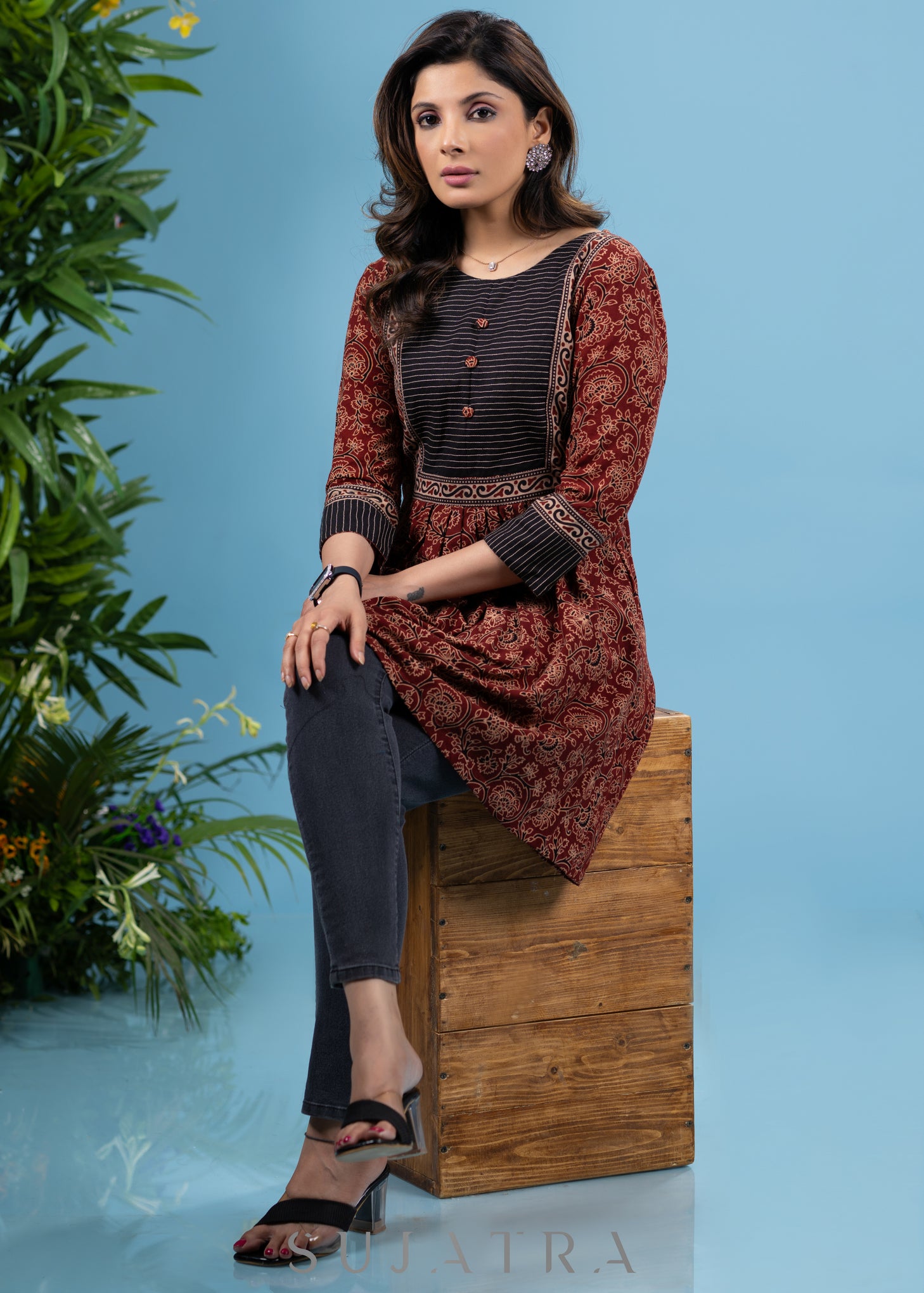 Exclusive maroon ajrakh cotton tunic with highlighted yoke – Sujatra