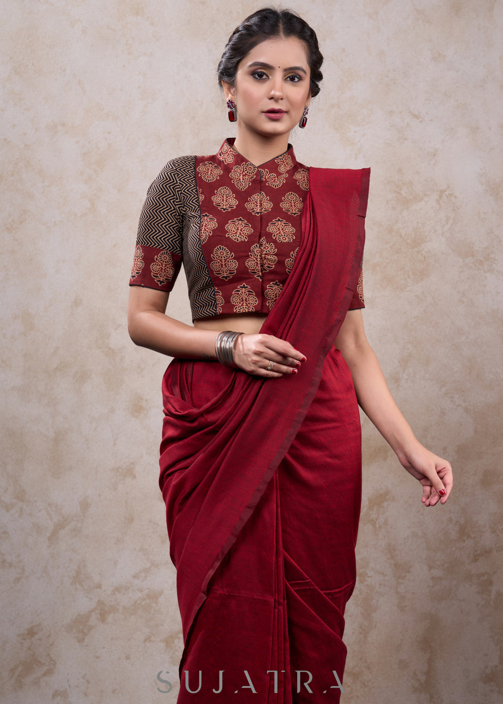 Exclusive maroon ajrakh high neck combination blouse – Sujatra