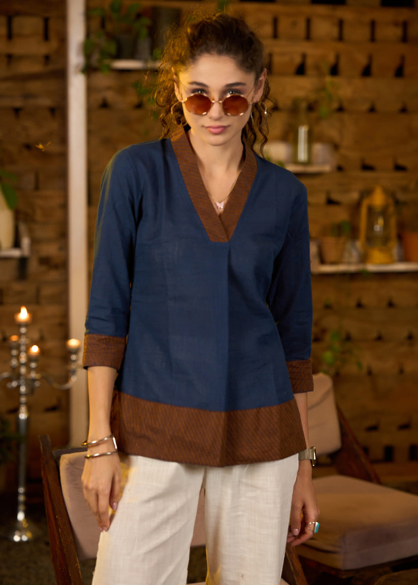 Classy Navy blue & rust cotton top with threadwork - Pant optional ...