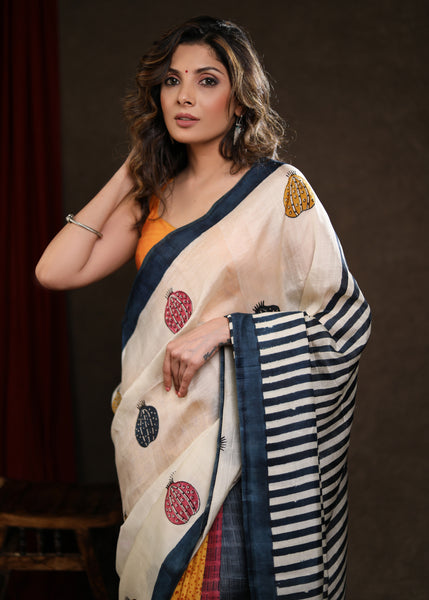 Bold Multicolor Block Print Pure Silk Saree – Sujatra