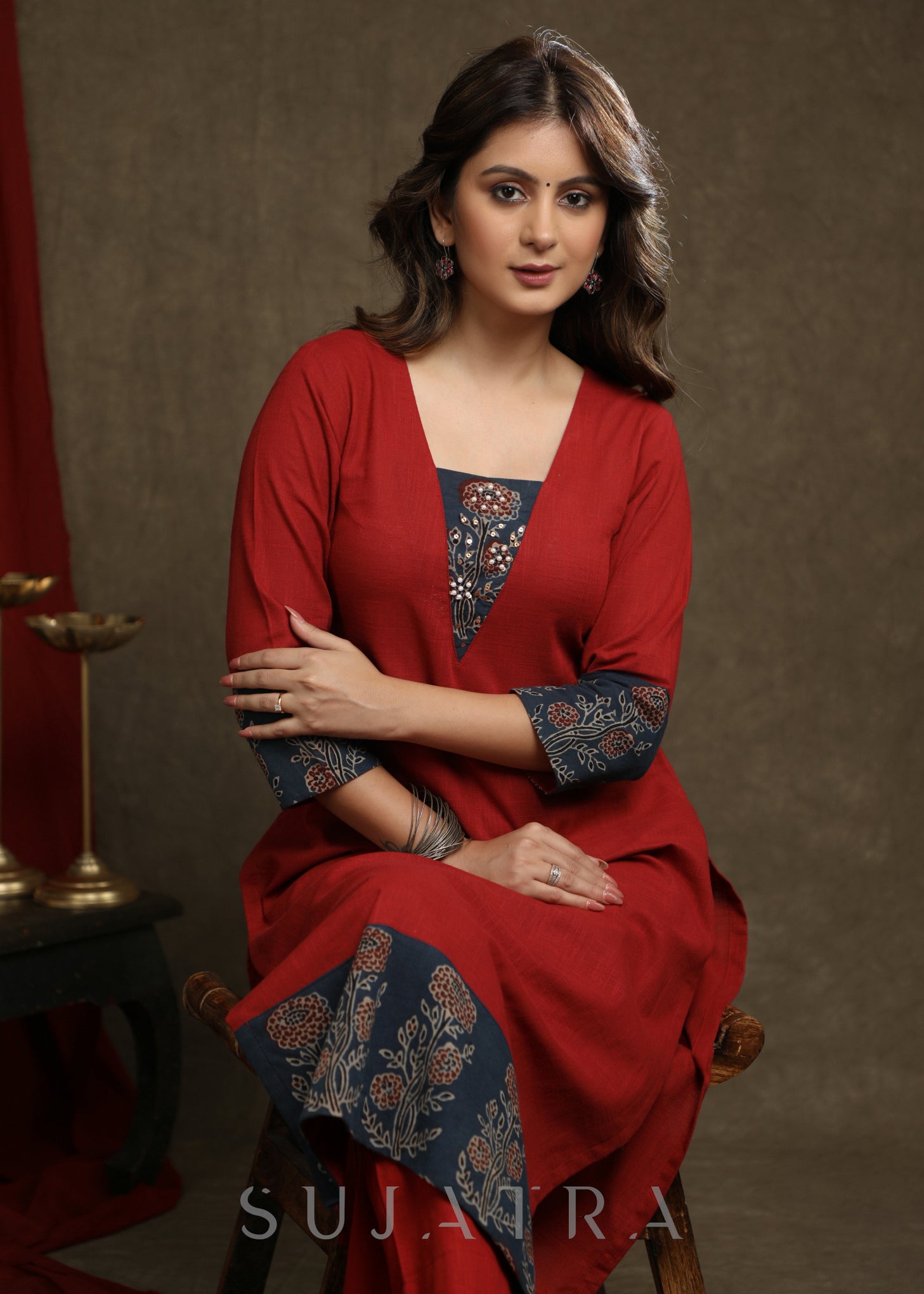 Stylish Maroon Cotton Ajrakh Combination Kurta With Pearl Embellishmen ...