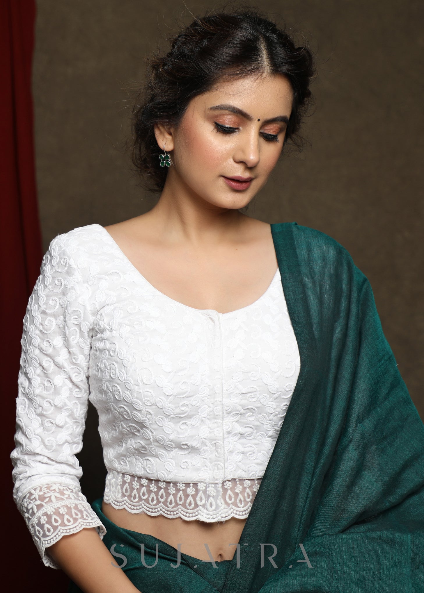 White embroidered three fourth sleeve blouse - Optional Plain Saree ...