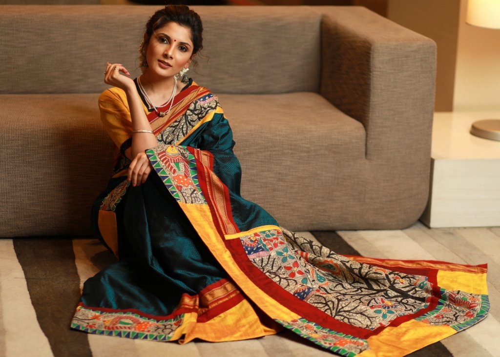 Exclusive khun saree with hand painted madhubani combination pallu and ...