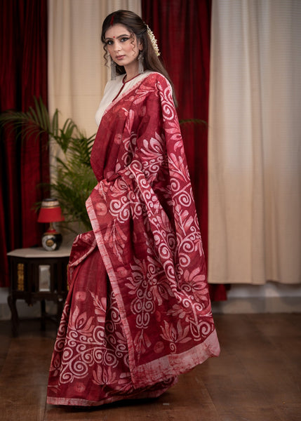 Exclusive Maroon color hand batik pure cotton saree – Sujatra