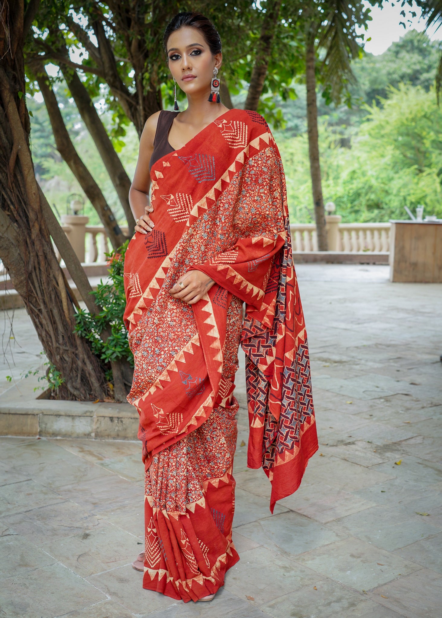 Unique designer red cotton Ajrakh saree – Sujatra