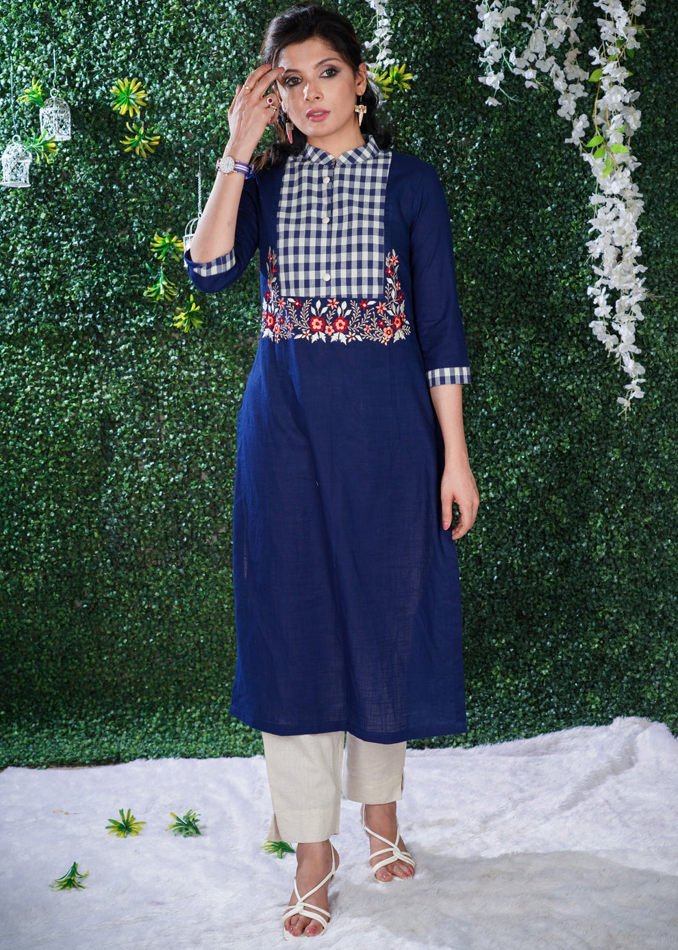 Navy Blue cotton kurta with Checks Yoke & Embroidery – Sujatra