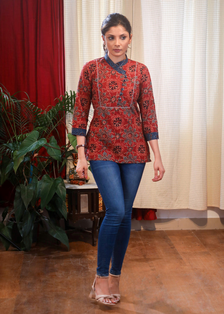Ajrakh Printed Designer Smart Collared Top – Sujatra