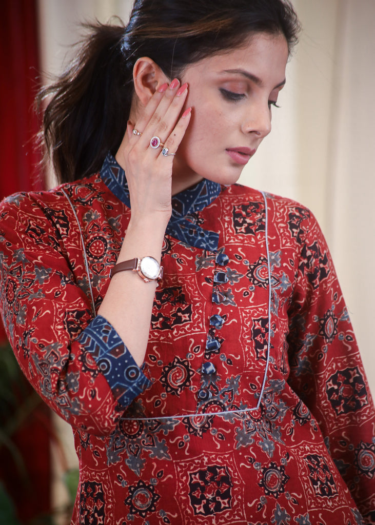 Ajrakh Printed Designer Smart Collared Top – Sujatra