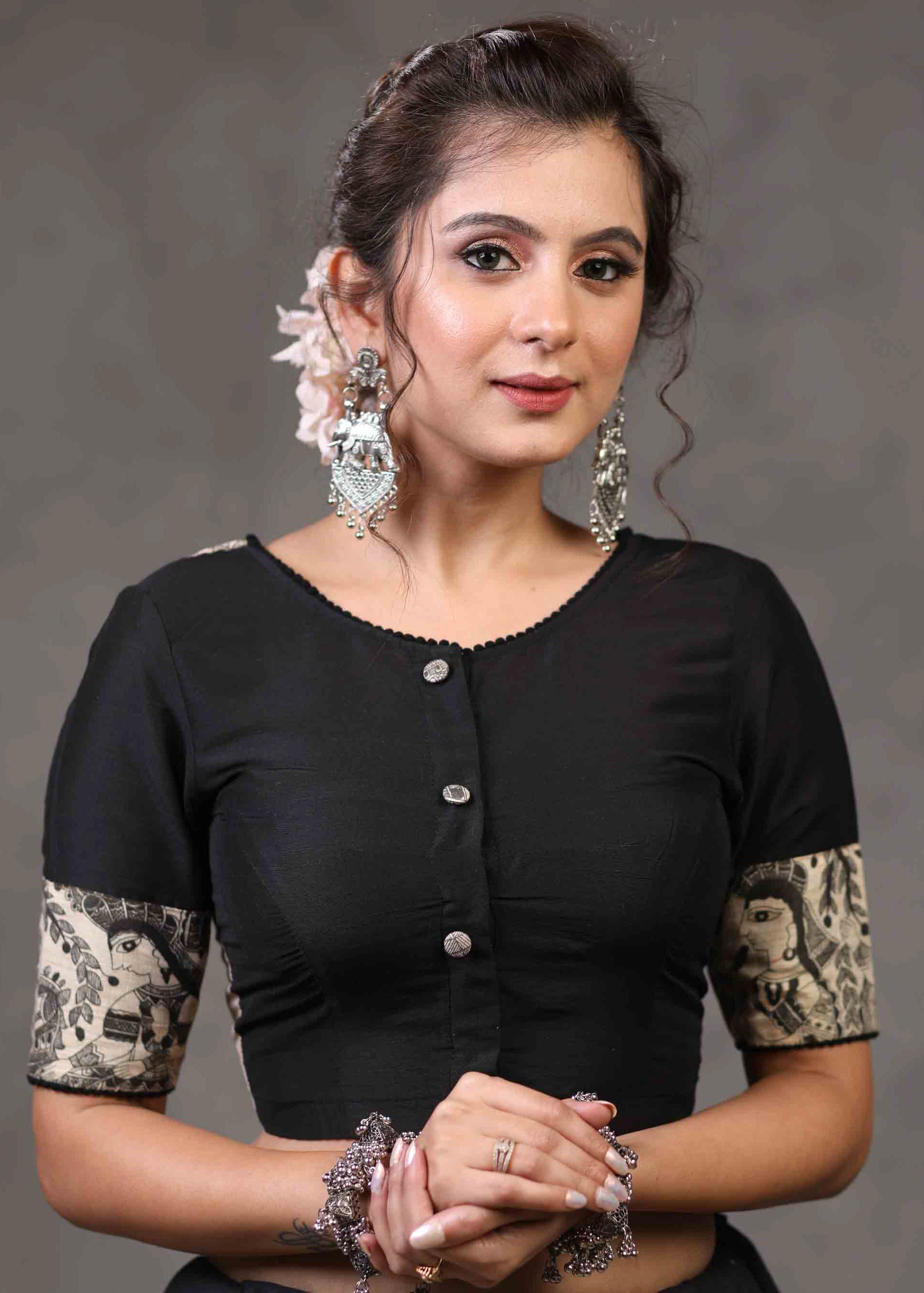 Beautiful Black Cotton Silk Blouse with Elegant Madhubani Patch on Bac ...