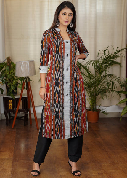 Elegant Straight Cut Kurta with Cotton Ikat and Cotton silk Combinatio ...