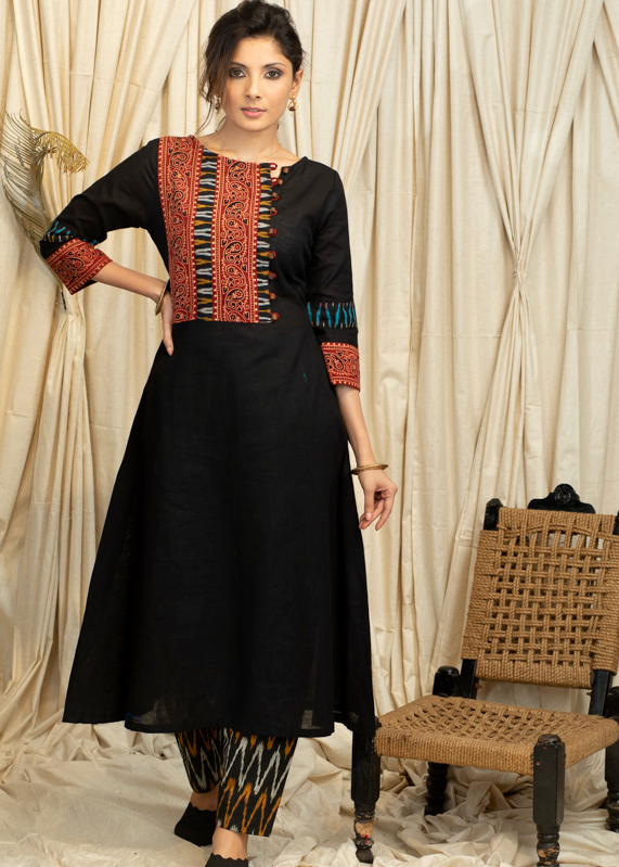 A-Line Cotton Handloom Kurta with Ajrakh and Ikat Combination Yoke ...